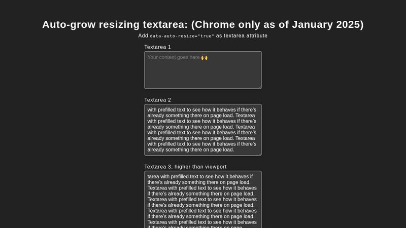 Auto-grow resizing textarea with experimental field-size property. No JS!