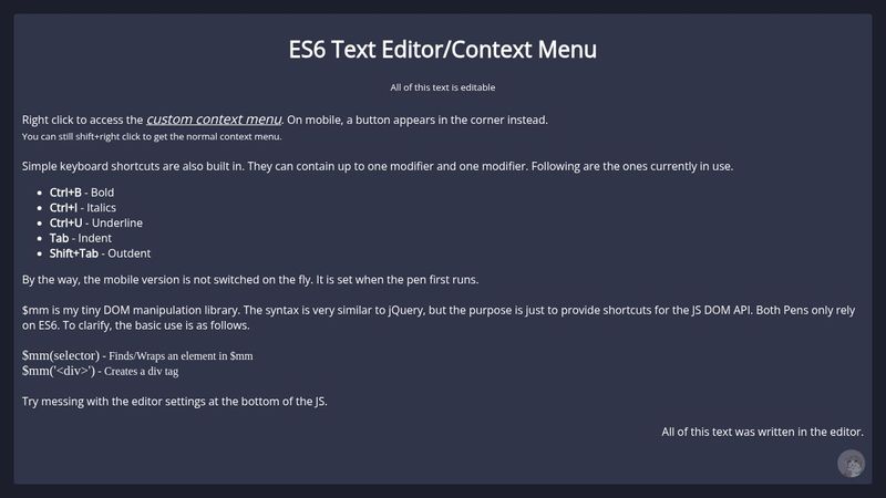 ES6 Text Editor/Context Menu