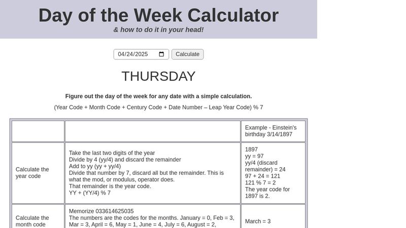 Day of the Week Calculator (pure js)