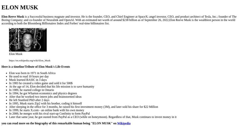 TRIBUTE PAGE FOR ELON MUSK ASSIGNMENT